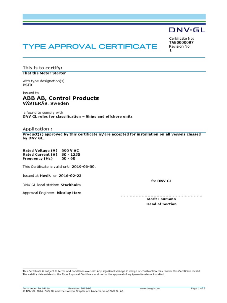 Type Approval Certificate: ABB AB, Control Products | PDF | Electricity ...