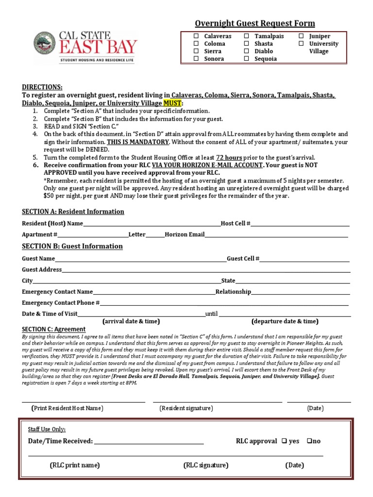 Overnight Guest Form for Student Housing | PDF