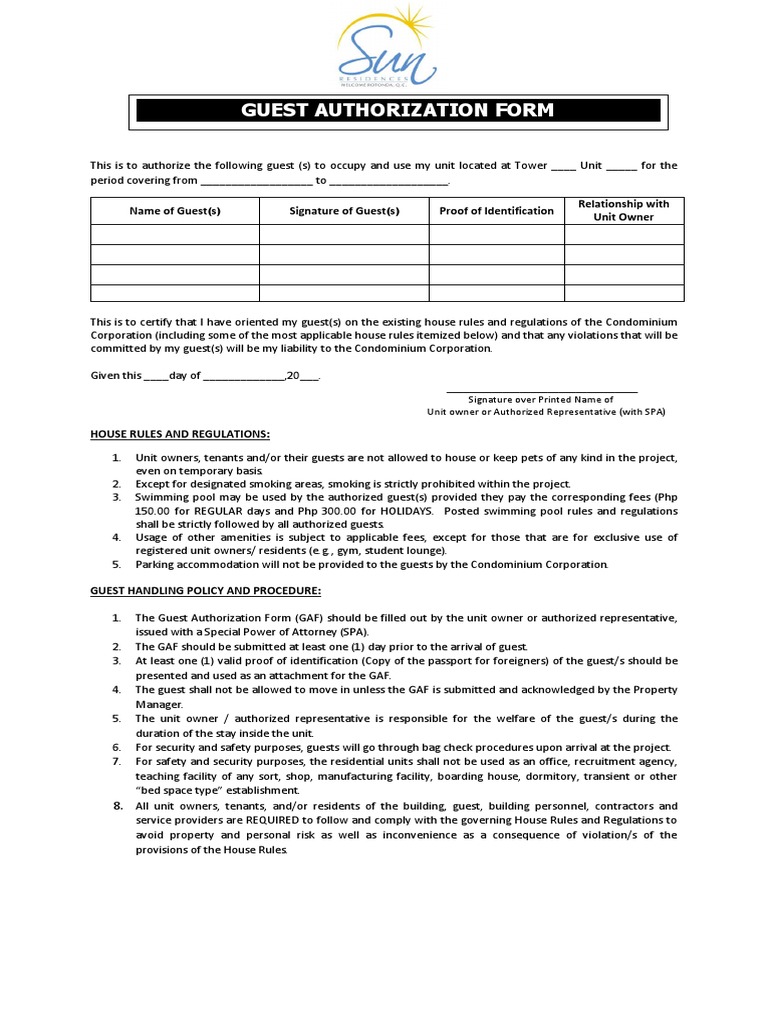 Guest Authorization Form: Name of Guest(s) Signature of Guest(s) Proof ...
