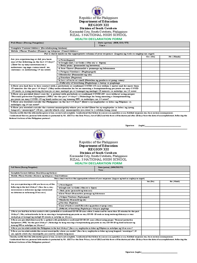 Health Declaration Form: Republic of The Philippines | PDF | Health ...