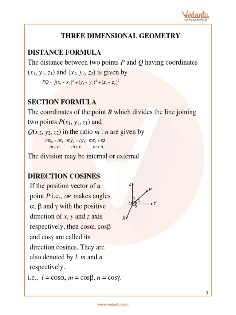 JEE Main Three Dimensional Geometry Revision Notes - Free PDF Download ...