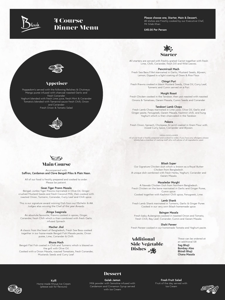 E4632 Bilash 4 Course Menu A3 Folded Web | PDF | Curry | Coriander