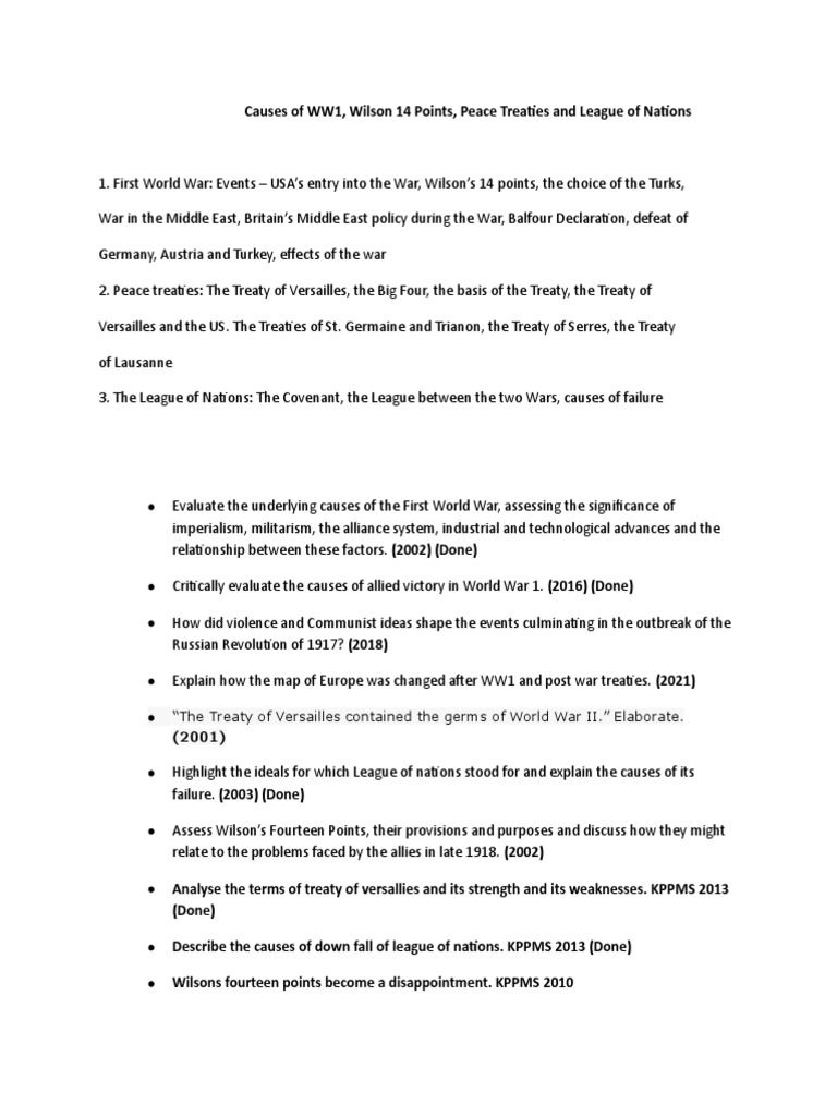 Causes of WW1, Wilson 14 Points, Peace Treaties and League of Nations ...