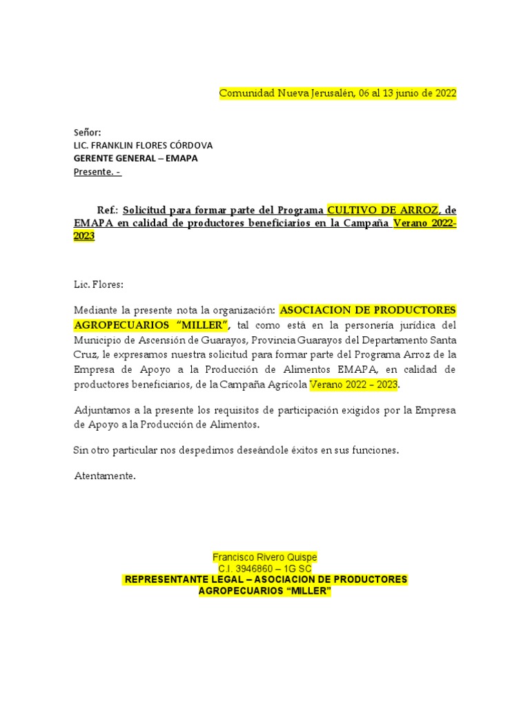 Solicitud para formar parte del Programa Cultivo de Arroz de EMAPA | PDF