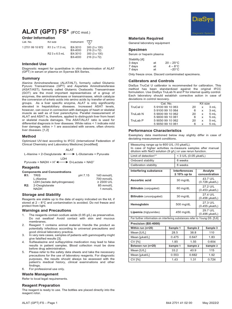 Alat (GPT) Fs : Order Information Materials Required | PDF | Alanine ...