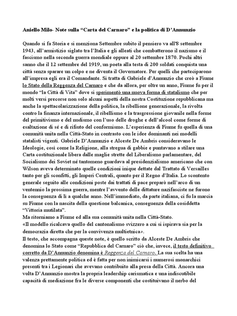 Note Sulla Carta Del Carnaro | PDF