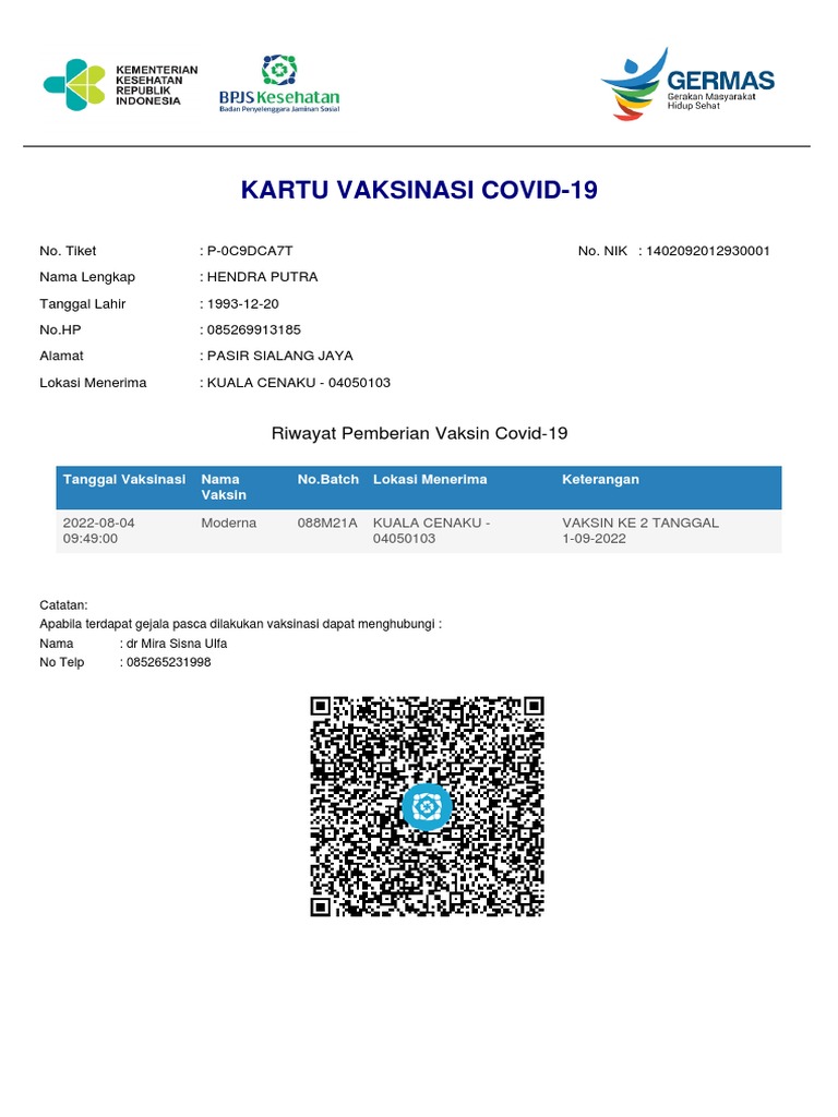 Kartu Vaksinasi COVID-19 Hendra Putra | PDF