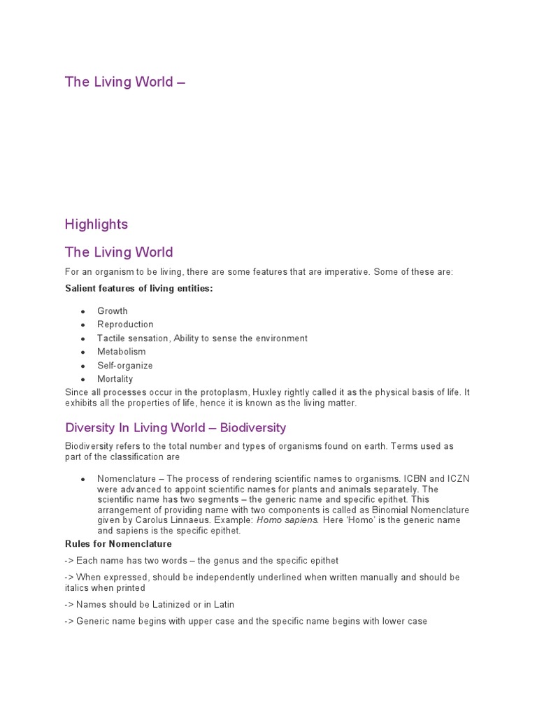 The Living World notes | PDF | Taxonomy (Biology) | Species