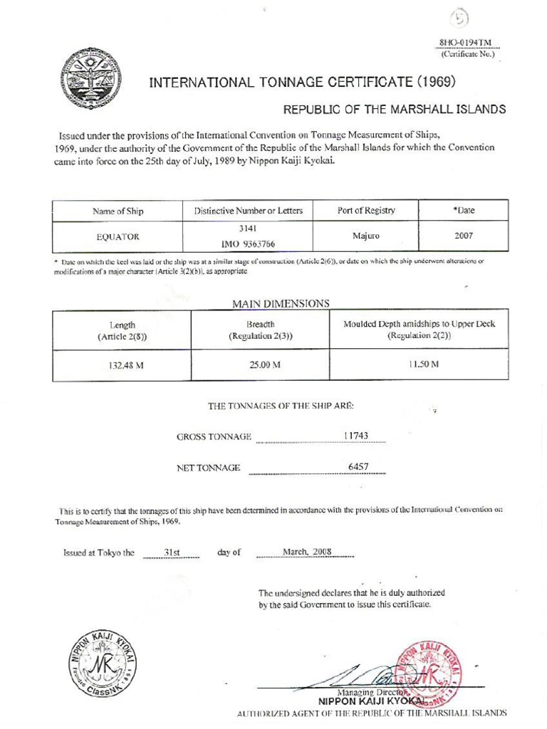 Intl Tonnage Certificate | PDF