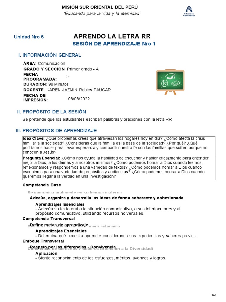 Aprendizaje Autónomo: Letra RR en 1° Grado | PDF | Aprendizaje | Dios