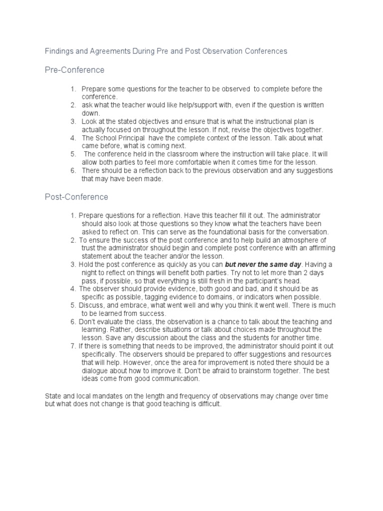 Pre and Post Observation Conference Insights | PDF | Teaching Method ...