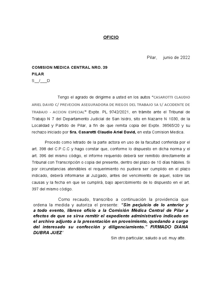 Oficio Comision Medica Pilar | PDF