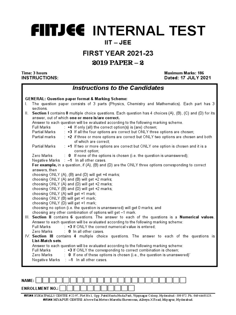 Fiitjee: Internal Test | PDF | Mole (Unit) | Gases