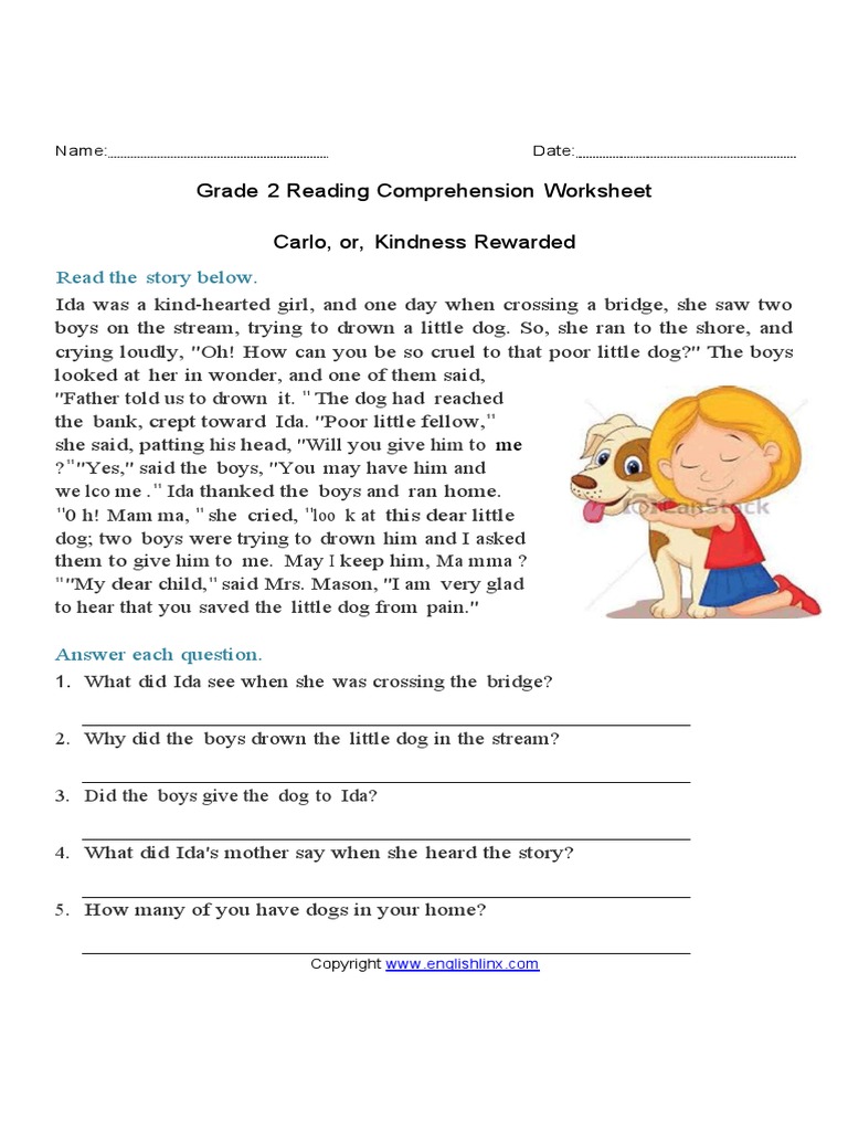 Grade 2 Reading Comprehension Worksheet Carlo, Or, Kindness Rewarded | PDF