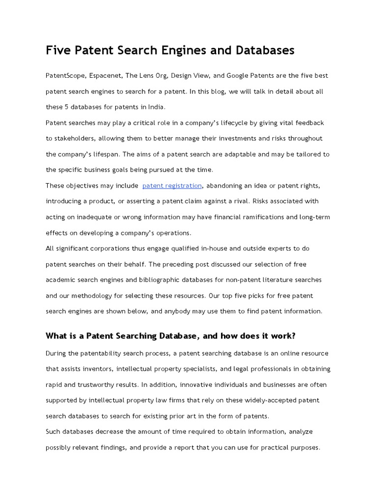 Five Patent Search Engines and Databases | PDF | World Intellectual ...