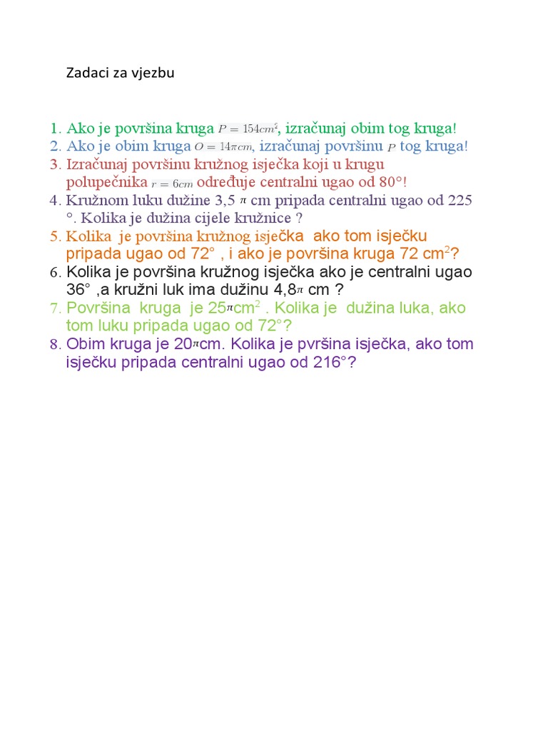 Krug I Dijelovi Kruga - Vjezba | PDF