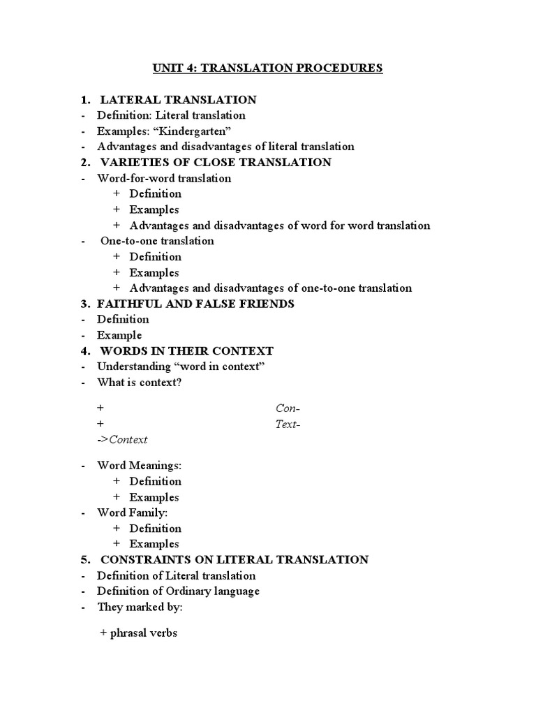 Unit 4: Translation Procedures 1. Lateral Translation | PDF