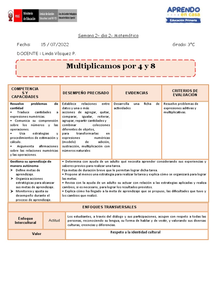 Semana 2 Dia 5-MATEMATICA - 3° Grado | PDF | Aprendizaje | Evaluación
