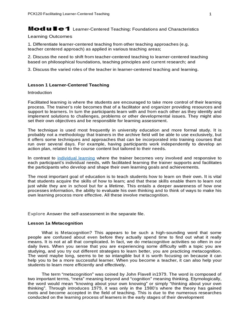 PCK120 Module 1 Facilitating Learner Centered Teaching | PDF | Metacognition | Teaching Method