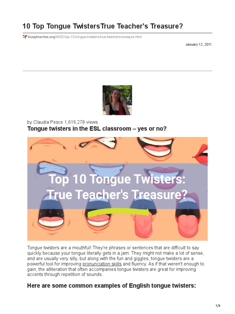 10 Top Tongue TwistersTrue Teachers Treasure - Busyteacher Org | PDF ...