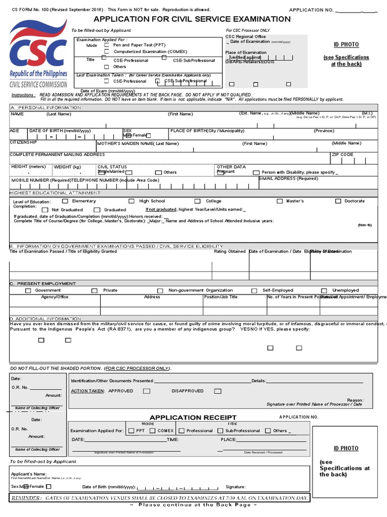 Application For Civil Service Examination: ID Photo (See Specifications ...