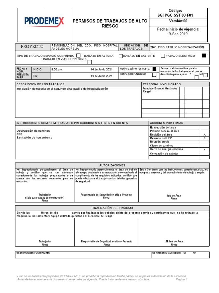 Formato Permiso de Trabajos de Alto Riesgo | PDF