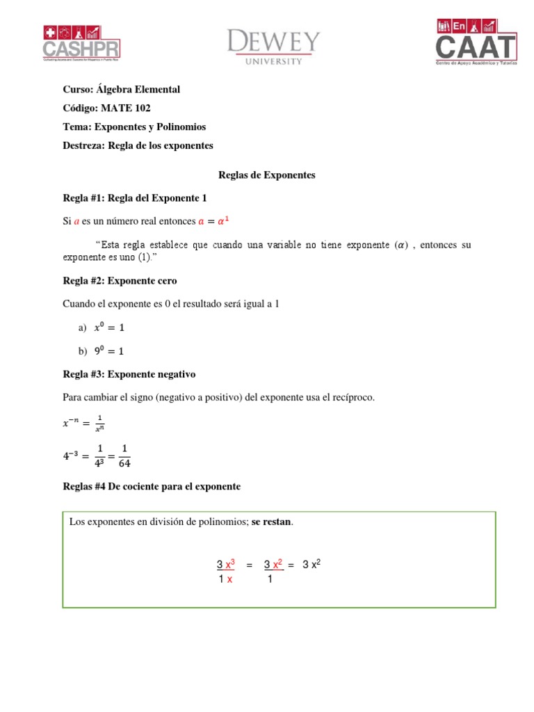 Reglas de exponentes: Suma, resta, multiplicación y división | PDF ...