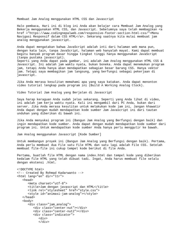 Membuat Jam Analog Menggunakan HTML CSS & Javascript | PDF