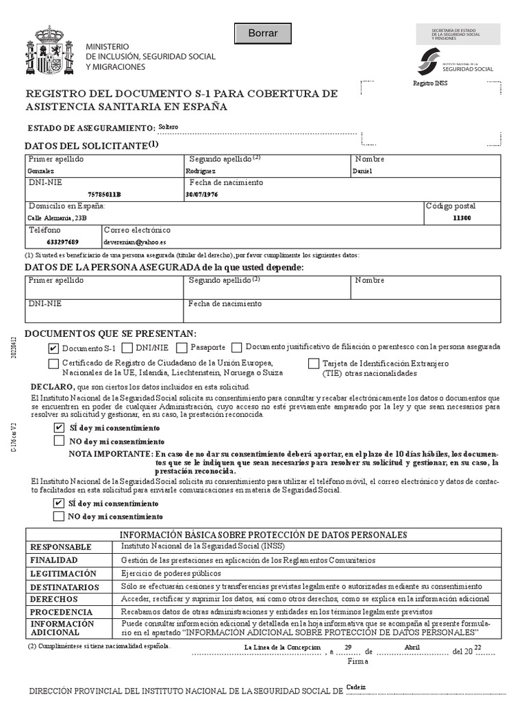 Registro S-1 para Asistencia Sanitaria | PDF | Privacidad de la ...