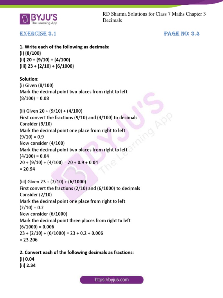 RD Sharma Class 7 Maths Decimals Solutions | PDF | Lexicology | Division (Mathematics)