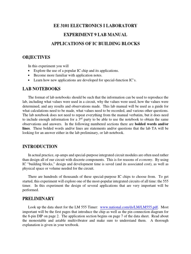 Ee 3101 Electronics I Laboratory Experiment 9 Lab Manual Applications of Ic Building Blocks ...