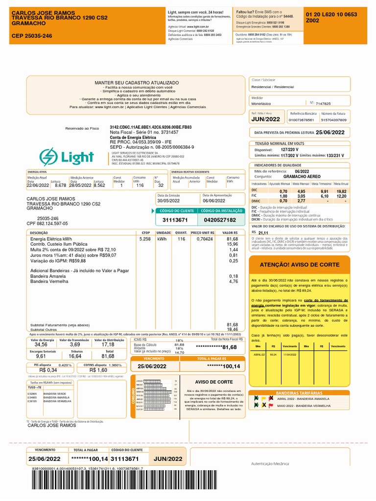 Comprovante Light - CARLOS JOSE | PDF
