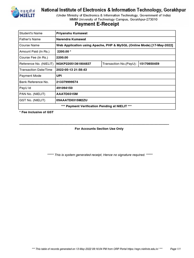 Payment E-Receipt: This Is System Generated Receipt, Hence No Signature ...