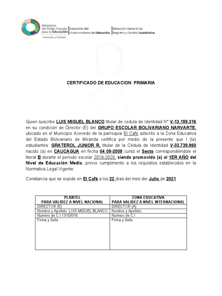 Certificado de Educacion Primaria | PDF
