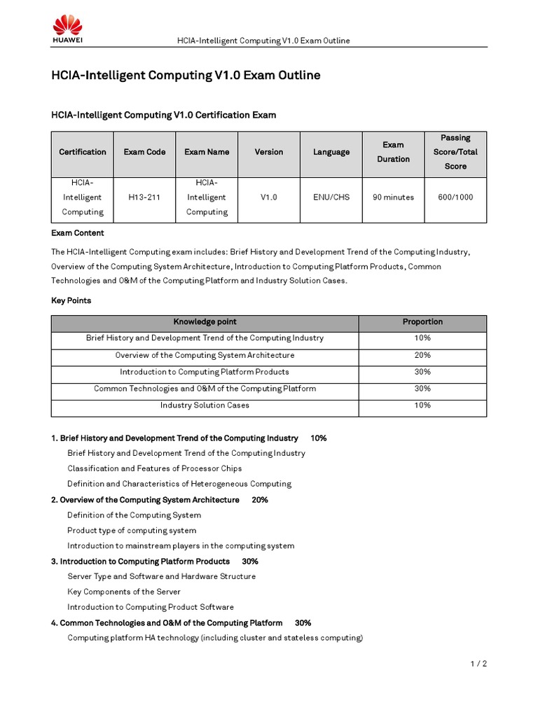HCIA-Intelligent Computing V1.0 Exam Outline | PDF | Computing | Computer Science