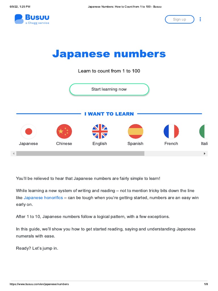 Japanese Numbers - How To Count From 1 To 100 - Busuu | PDF