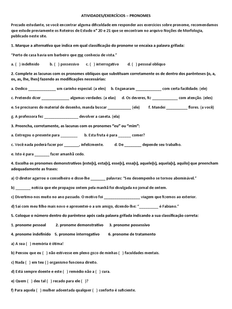 Atividades sobre Pronomes e Exercícios | PDF | Pronome | Linguística