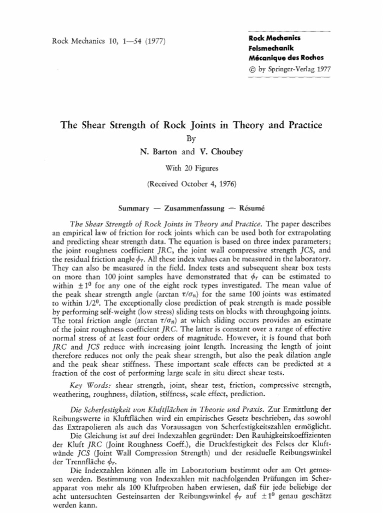 Shear Strength of Rock Joints in Theory and Practice - Barton | PDF ...