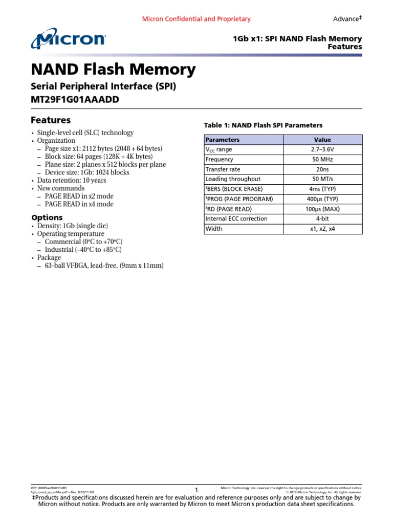 NAND Flash Memory: Serial Peripheral Interface (SPI) MT29F1G01AAADD Features | PDF | Flash ...