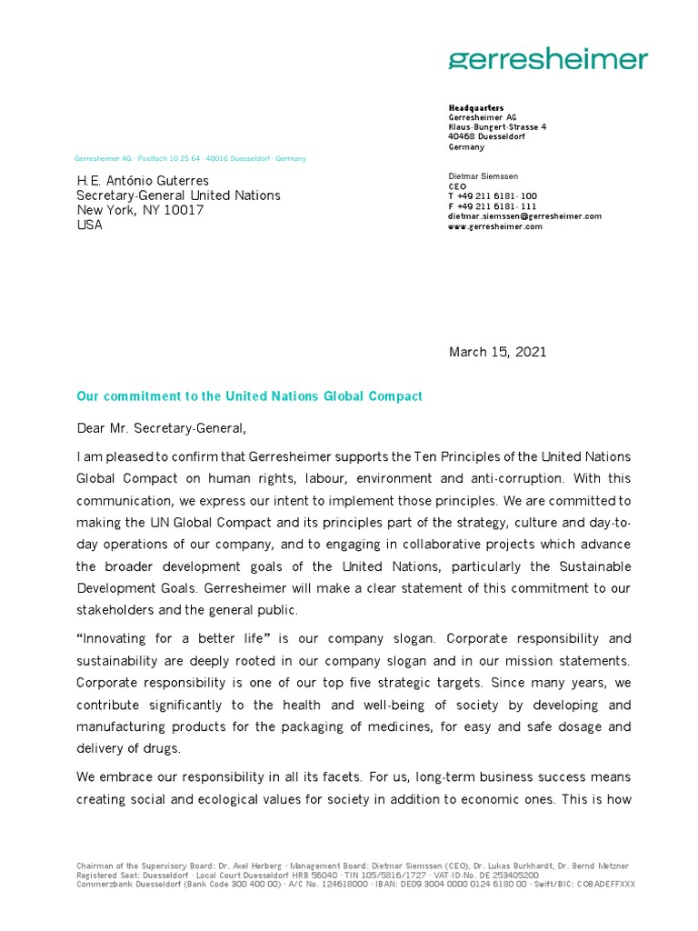 UNGC Letter of Comittment - Gerresheimer - CEO Signed | PDF ...