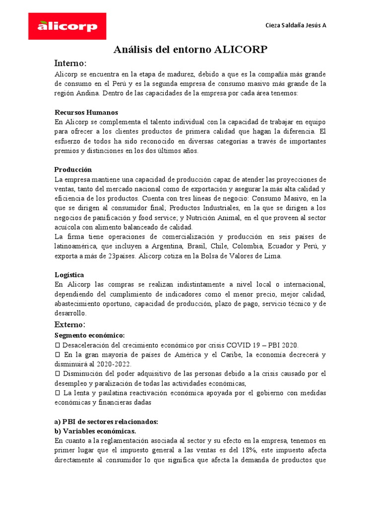 Análisis Del Entorno ALICORP | Descargar gratis PDF | Business | Calidad (comercial)