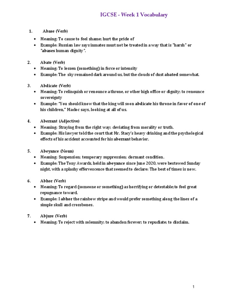 Week+1+Vocabulary IGCSE | PDF | Verb | Adjective