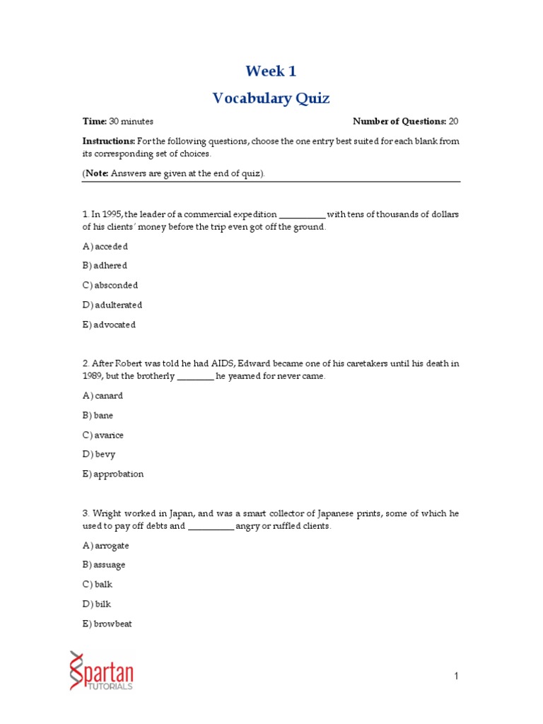 Week 1 Vocabulary Quiz | PDF