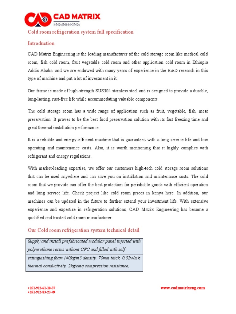 Cold room refrigeration system full specification | PDF | Refrigeration ...