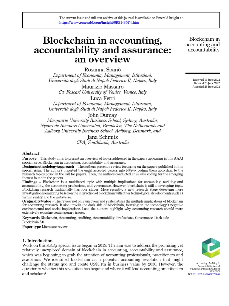 Blockchain in Accounting, Accountability and Assurance An Overview ...