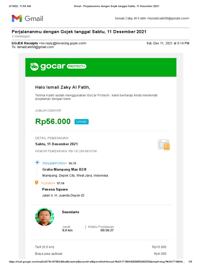 Gmail - Perjalananmu Dengan Gojek Tanggal Sabtu, 11 Desember 2021 | PDF
