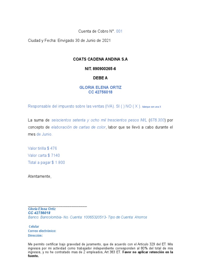 Modelo Cuenta De Cobro Sin Retencion En La Fuente Art 383 Et Y 329 Pdf