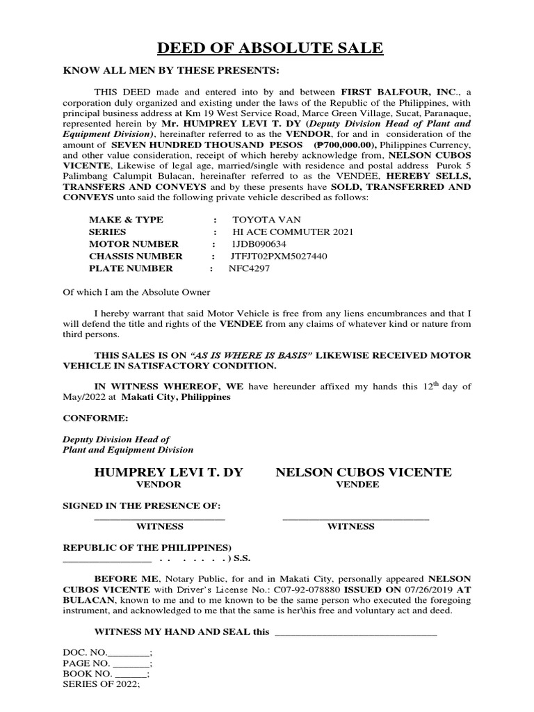 Deed of Absolute Sale | PDF | Common Law | Civil Law (Common Law)