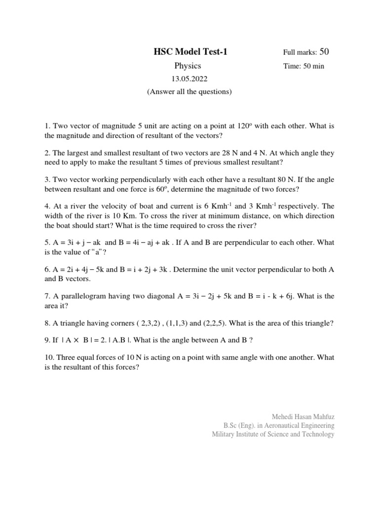 HSC Model Test-1: Physics | PDF