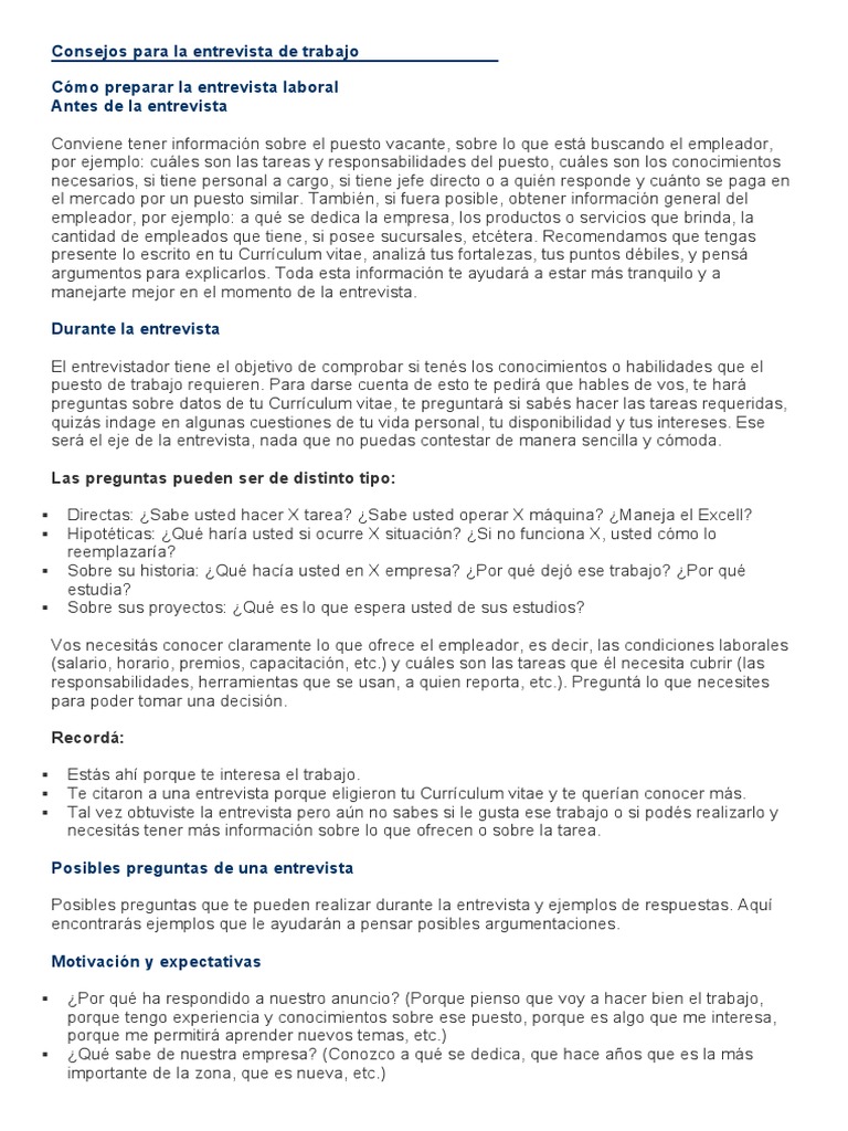 Consejos para La Entrevista de Trabajo | PDF | Entrevista de trabajo